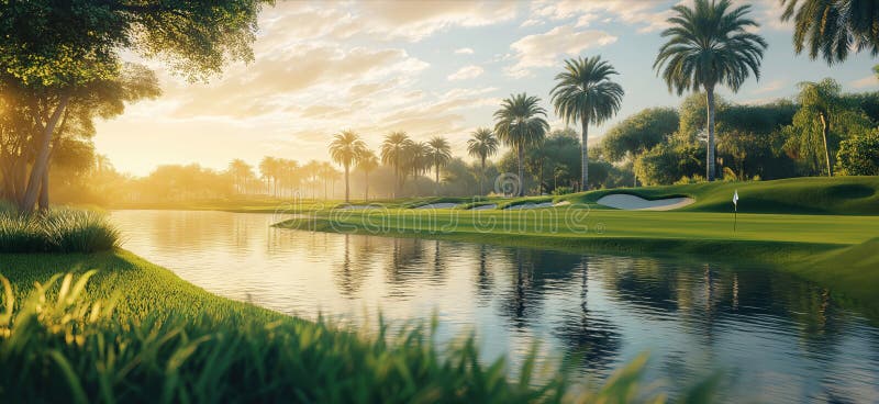 Stunning Sunset Over Serene Golf Course with Palm Trees and Reflective ...