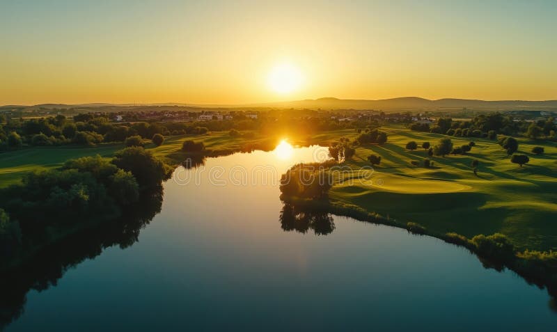Stunning Sunset Over Serene Golf Course Reflecting in Calm Water Stock ...