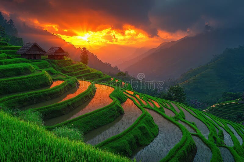 Sunset Over Lush Terraced Rice Paddies Mountain Valley Stock Photos ...