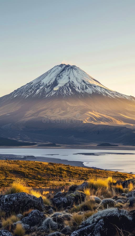 Stunning Sunset Over Towering Snow Capped Volcano Casting Shadows on ...