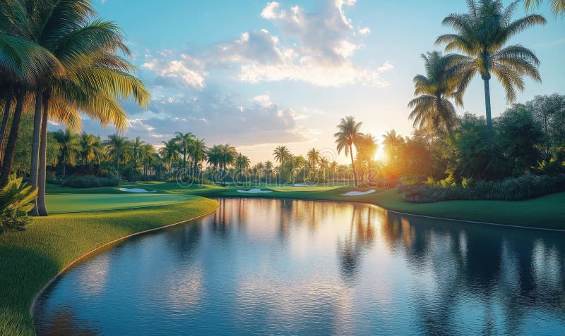 Stunning Sunset Over Tranquil Golf Course with Palm Trees and ...