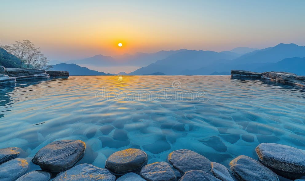 Stunning Sunset Over Tranquil Infinity Pool with Mountain Backdrop ...