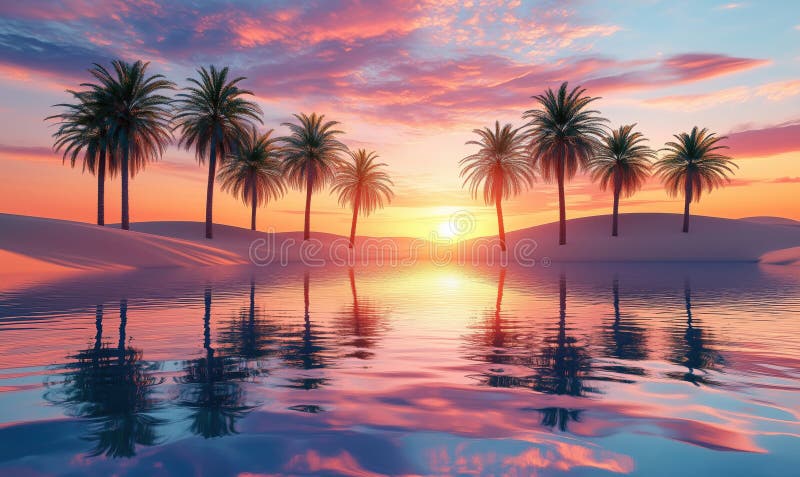 Stunning Sunset Over Tranquil Oasis Palm Trees Reflecting Water Stock ...