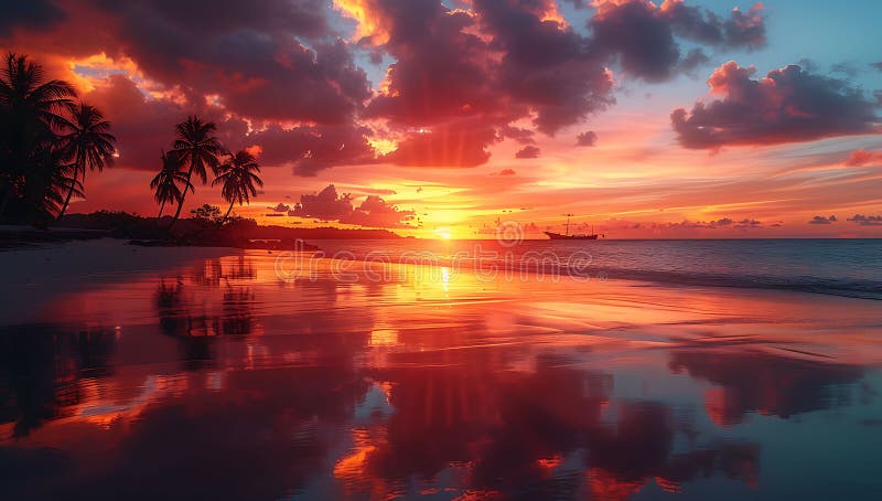 A Stunning Sunset Over the Tropical Beach Stock Illustration ...