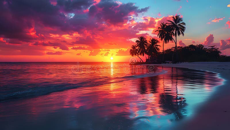 A Stunning Sunset Over the Tropical Beach Stock Illustration ...