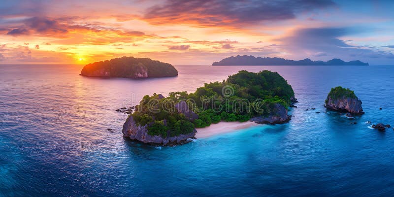 Stunning Sunset Over Tropical Islands Aerial View Stock Illustration ...