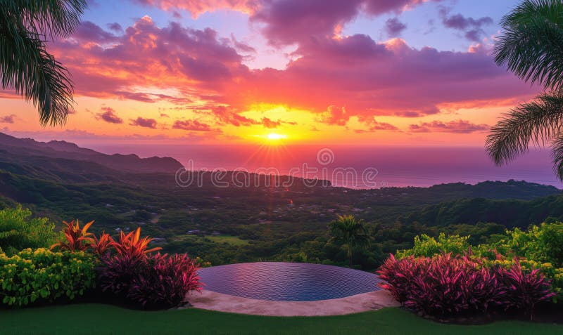 Stunning Sunset Over Tropical Landscape with Infinity Pool and Vibrant ...