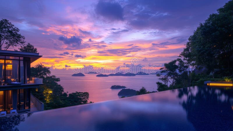 Stunning Sunset Over Tropical Ocean with Infinity Pool and Villa Stock ...