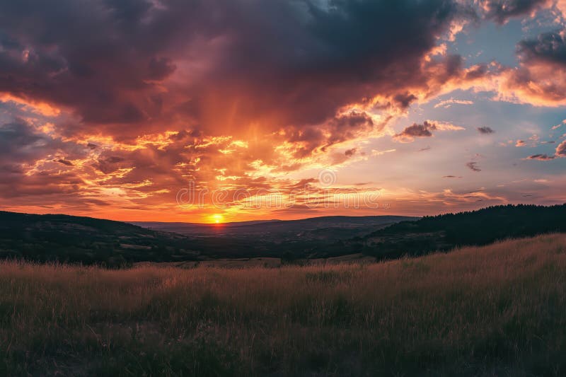 Stunning Sunset Over Valley Landscape with Dramatic Clouds and Golden ...