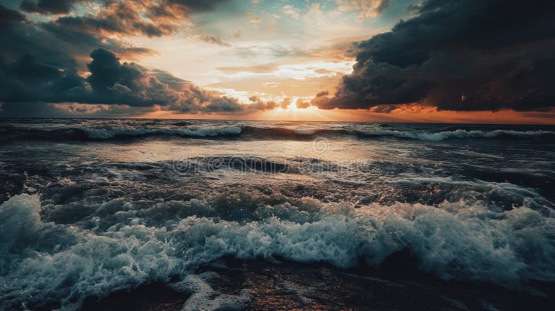 Stunning Sunset Over Waves with Dramatic Clouds at the Beach in the ...