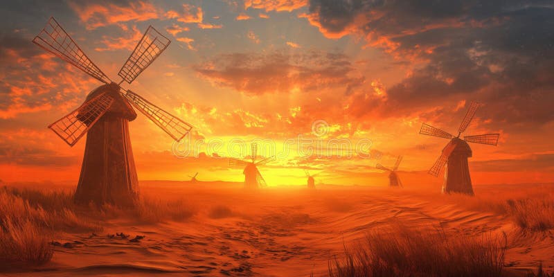 Stunning Sunset Over Windmills in Desert Landscape with Dramatic Clouds ...