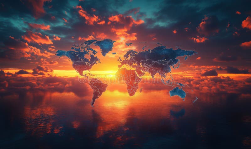Stunning Sunset Over World Map Silhouette Reflecting on Ocean Surface ...