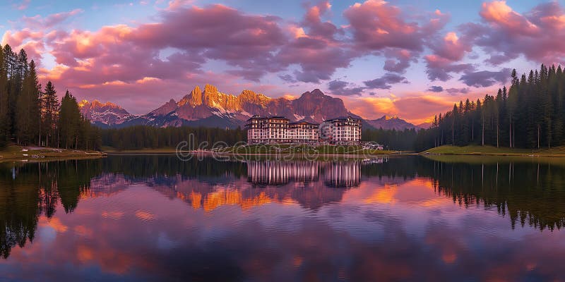 Stunning Sunset Panorama Alpine Lake Reflection Mountain Vista Stock ...