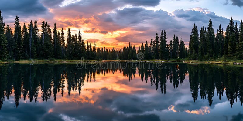 Stunning Sunset Reflection on Calm Lake in Forest Stock Illustration ...