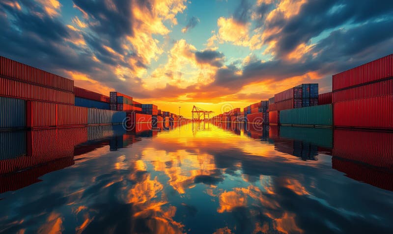Stunning Sunset Reflection Over Shipping Containers Port Vibrant Clouds ...