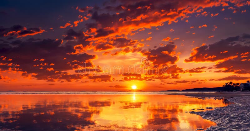 A Stunning Sunset with a Reflection on the Water, a Sandy Beach, and a ...