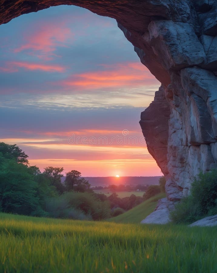 Stunning Sunset through Rock Archway Surrounded by Lush Green Grass and ...