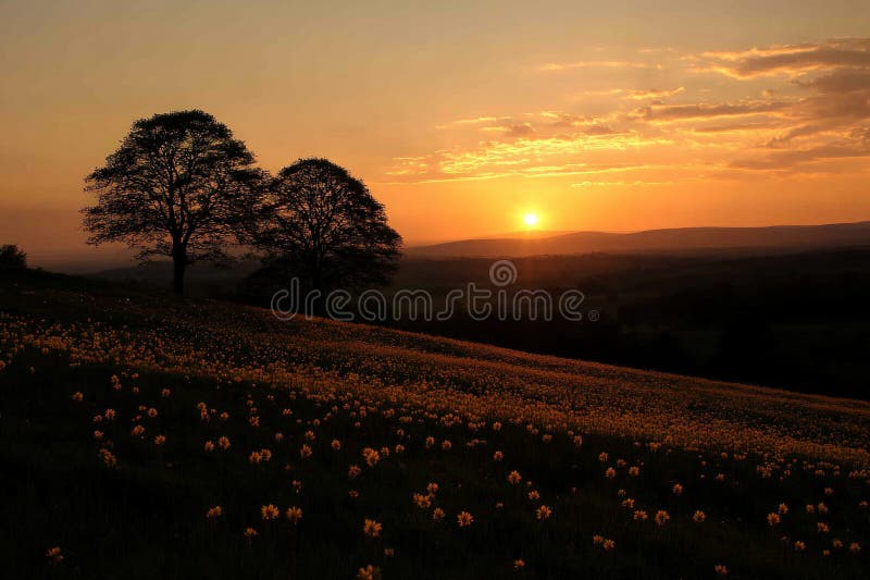 Stunning Sunset Scene Spring Silhouettes Trees Flowers Stock Photos ...