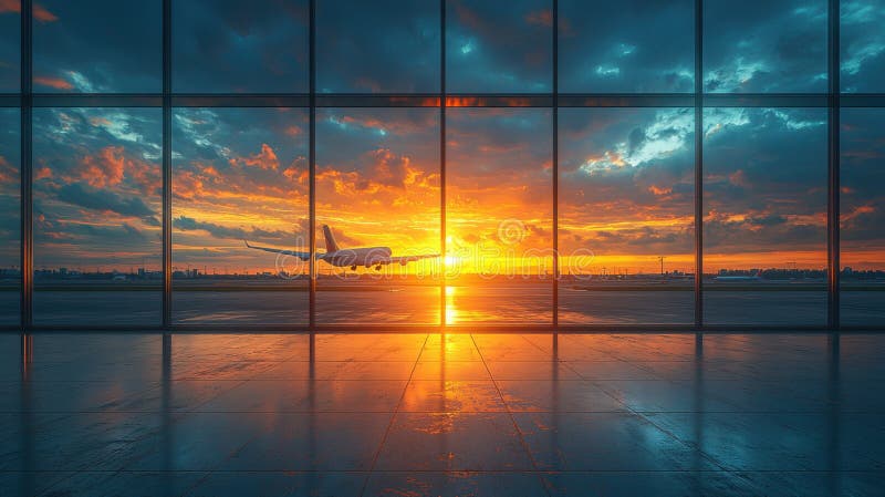Stunning Sunset View of Aircraft Taking Off Behind Airport Window ...