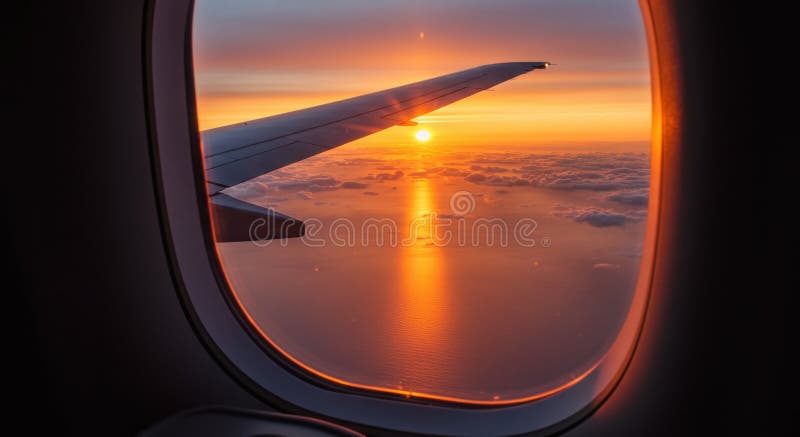 Stunning Sunset View Airplane Window Over Ocean Horizon Stock Photos ...