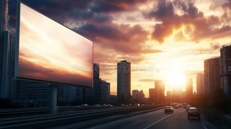 A Stunning Sunset View on a City Highway, Featuring a Large Billboard ...