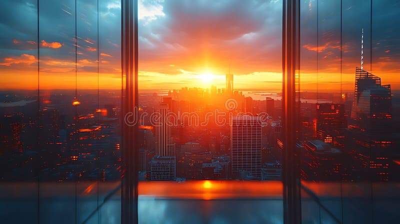 A Stunning Sunset View of a City Skyline Seen through the Glass Windows ...