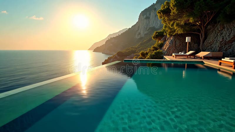 Sunset Infinity Pool Overlooking the Mediterranean Sea Stock Video ...