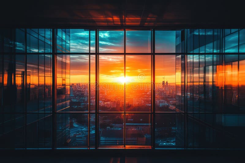 A Stunning Sunset View through Large Glass Windows in a Modern Building ...