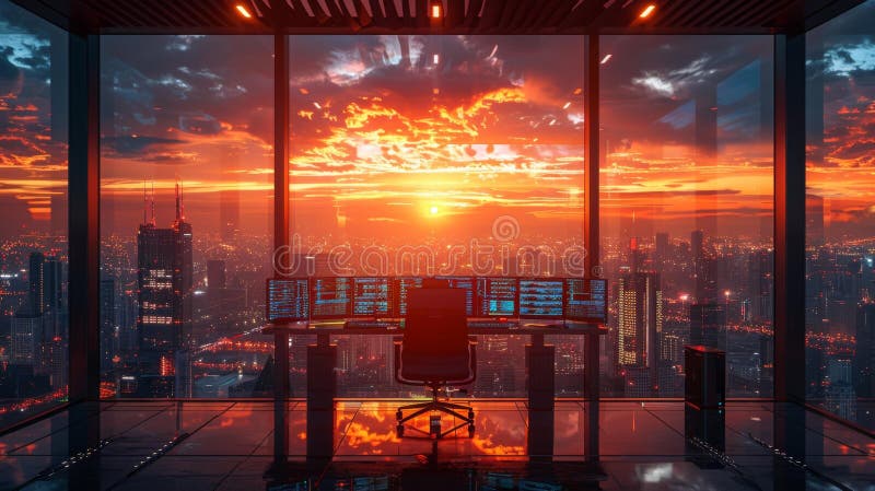 Stunning Sunset View from Modern Office with Multiple Monitors ...