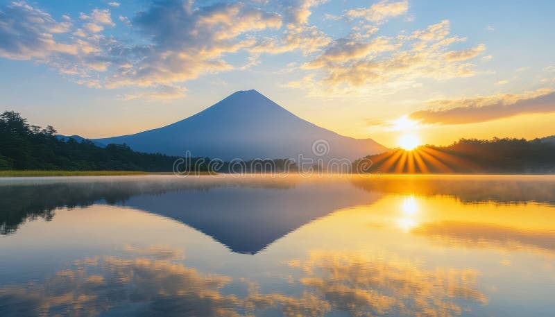 Stunning Sunset View of Mount Fuji Reflecting on Calm Waters Stock ...