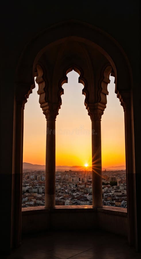 Stunning Sunset View through Ornate Arched Window Overlooking Cityscape ...