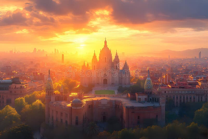 A Stunning Sunset View Over a Cityscape Featuring a Grand Architectural ...