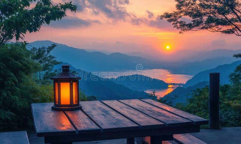 Stunning Sunset View Over Mountains and Lake with Lantern on Wooden ...