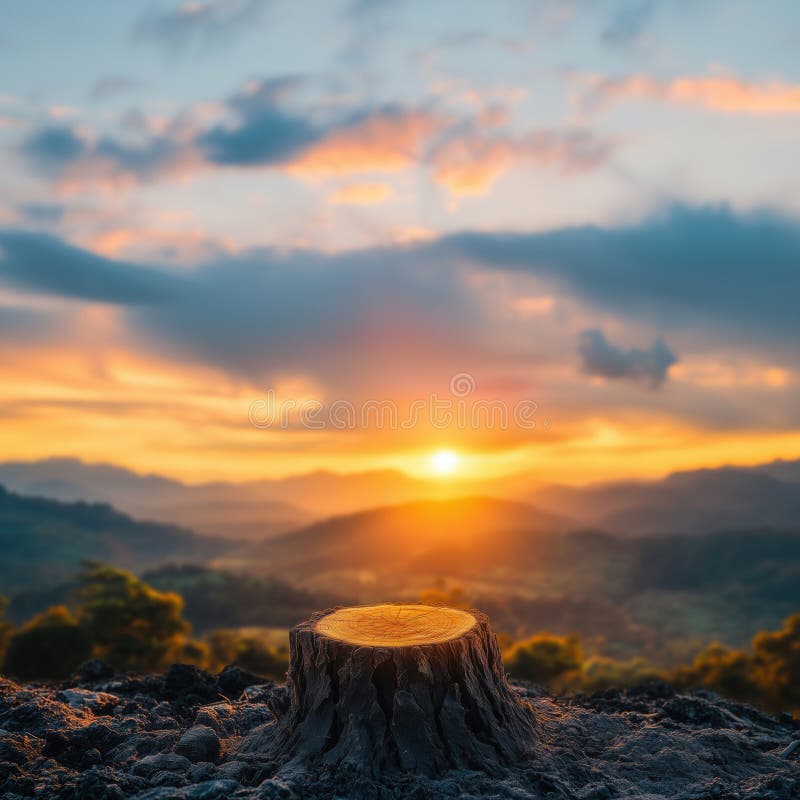 Stunning Sunset View Over Mountains with Tree Stump in Foreground Stock ...