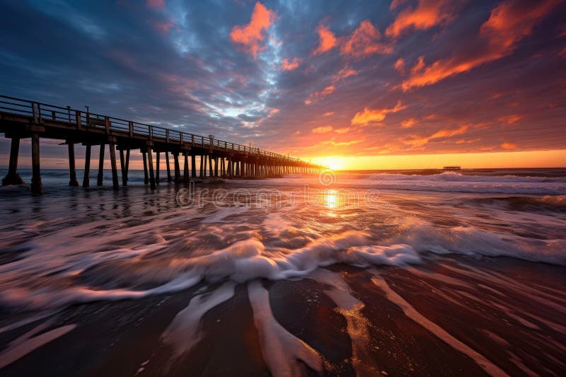 A Stunning Sunset View Over the Ocean with a Pier in the Distance, Long ...