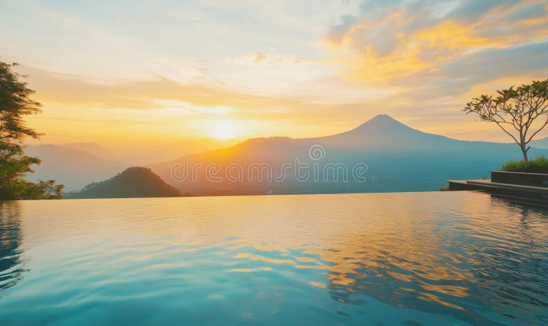 Stunning Sunset View Over Tranquil Infinity Pool with Mountain Backdrop ...