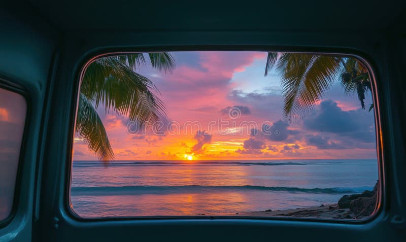 Stunning Sunset View from Van Window Overlooking Tropical Beach and ...