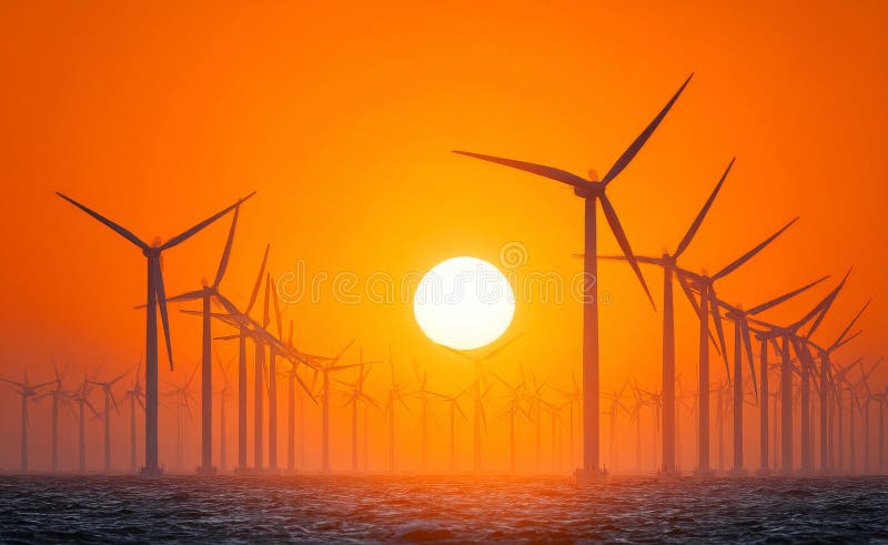 A Stunning Sunset is Visible at the North Sea Offshore Wind Farm Stock ...