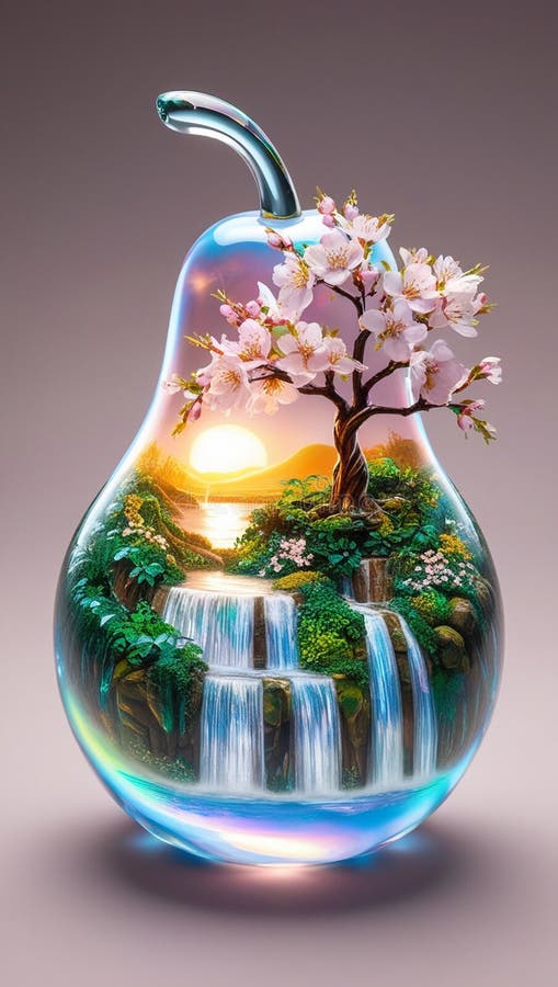 A Stunning, Surreal Artwork of a Crystal Pear with a Delicate Cherry ...