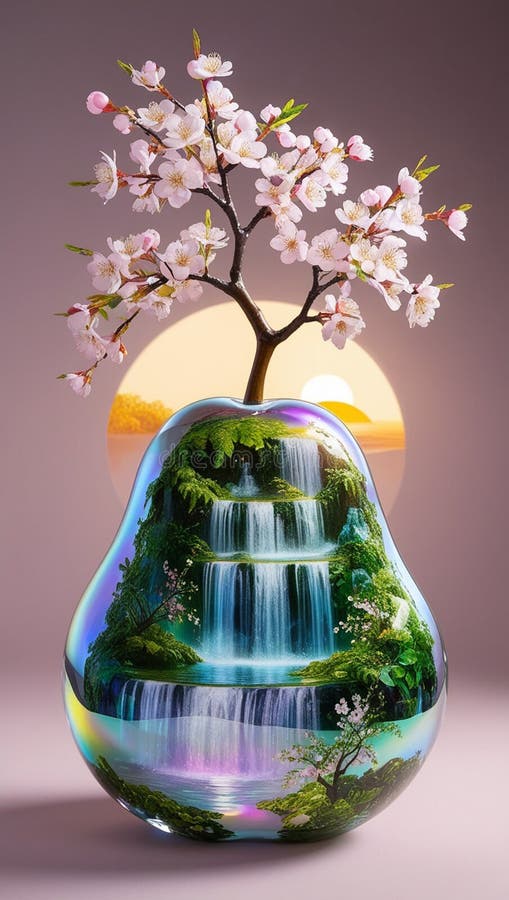 A Stunning, Surreal Artwork of a Crystal Pear with a Delicate Cherry ...