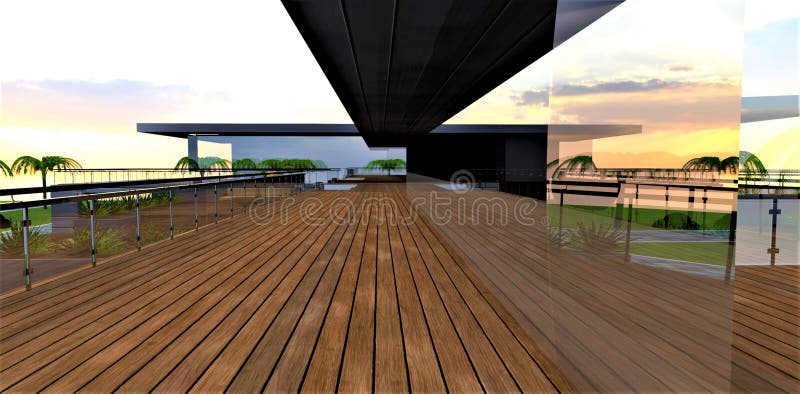 Stunning Terrace with Wooden Floor. Reflection of the Amazing Sunset in ...