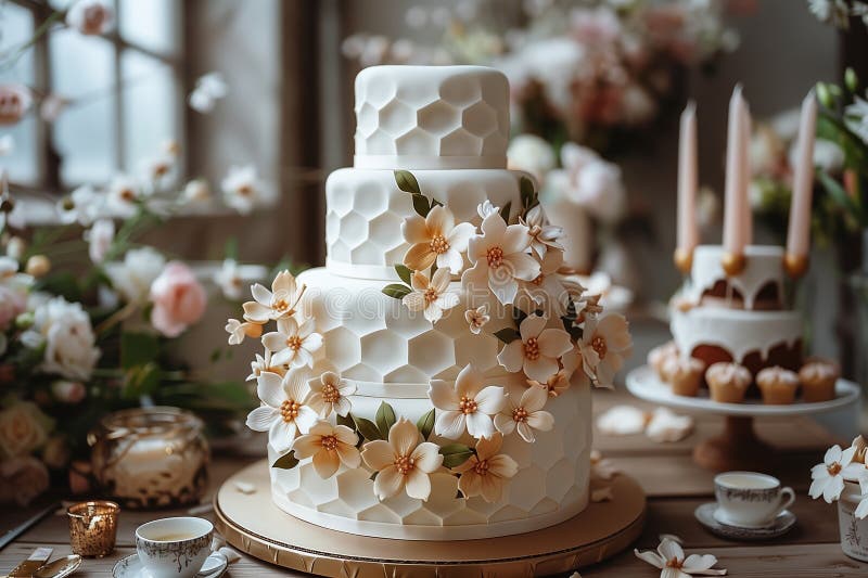Beautifully Decorated Three-Tier Wedding Cake with Floral Accents and ...