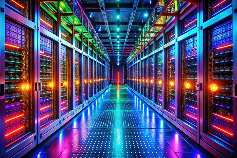 Stunning TiltShift Perspective of a Modern Data Center Aisle Colorful ...