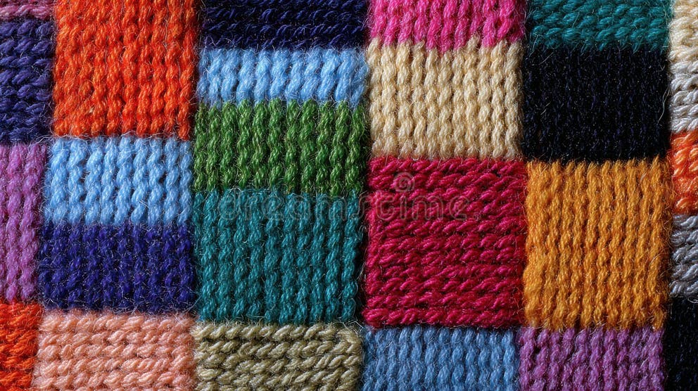 Colorful Patchwork Stitch Showcases Intricate Knitting Patterns and Vibrant Hues in a Macro ...
