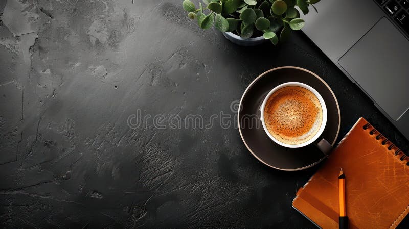 Work Essentials: Laptop, Coffee, and Notepad on Black Background - Top ...