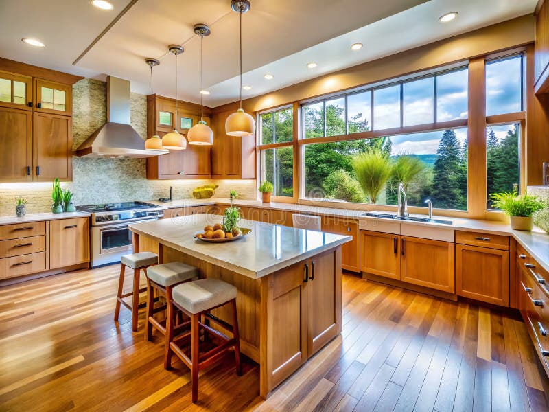 Stunning Transitional Kitchen Design a Panoramic View of Natural Wood ...