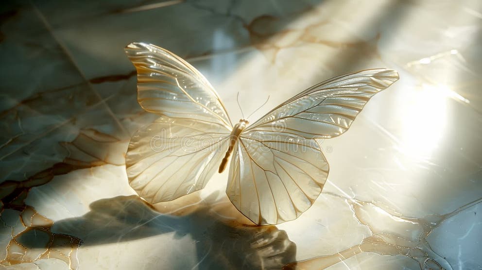 A Stunning Translucent Butterfly Captures Sunlight on a Polished Marble ...