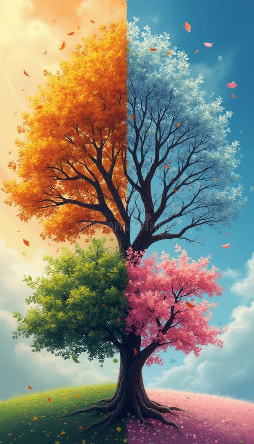 A Stunning Tree Divided into Four Seasons Stock Image - Image of ...