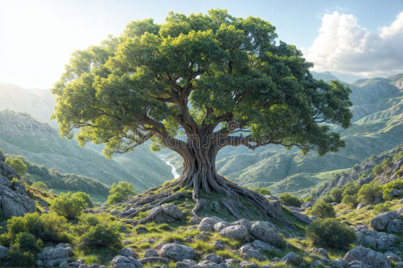 A Stunning Tree with Sprawling Branches Stands in a Scenic Mountain ...