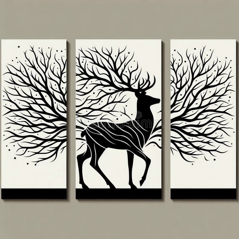 A Stunning Triptych Artwork Featuring a Silhouette of a Stag with ...